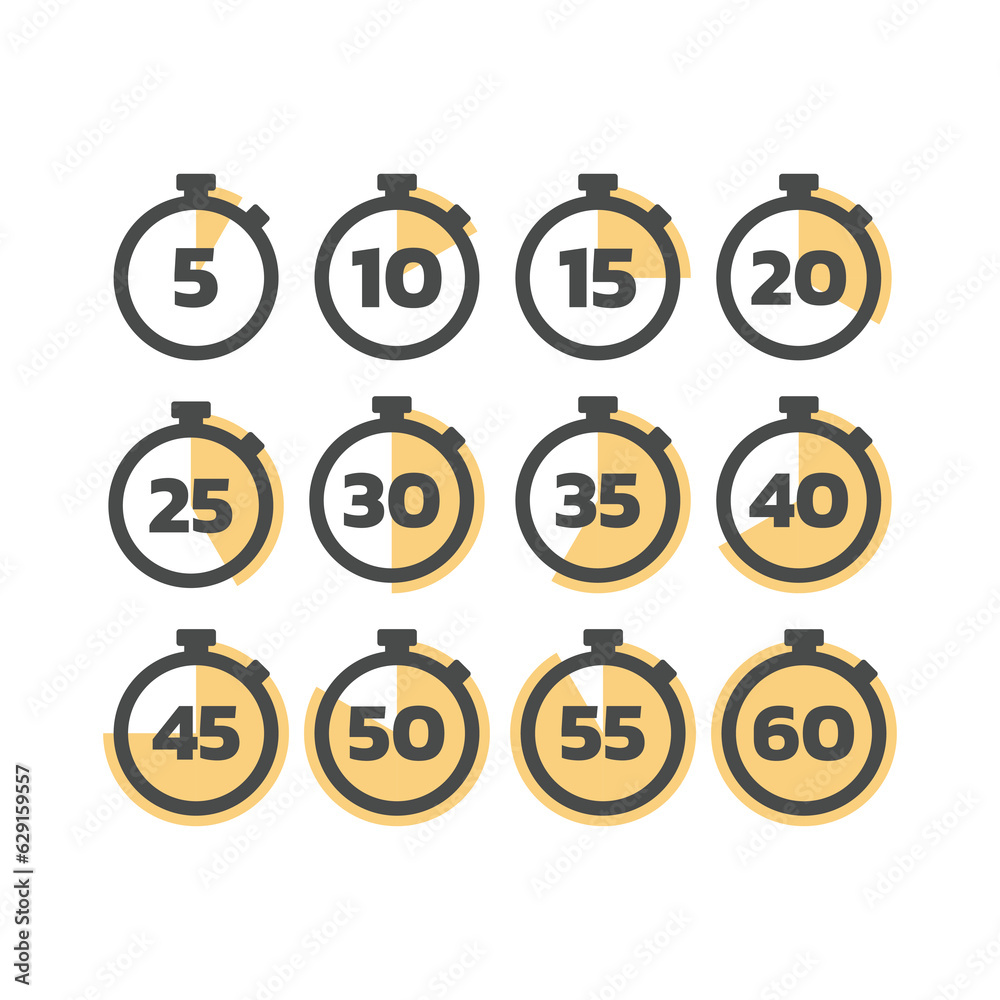 Timer or stopwatch with minute numbers icon set. Chronometer for time ...