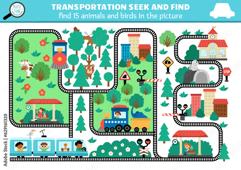Vector transportation searching game with city landscape, rails, trains ...