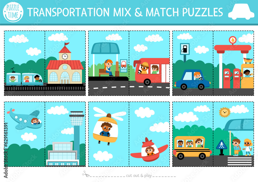 Vector transportation mix and match puzzle with cute scenes with car ...