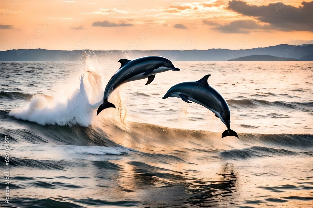 Dolphins Jumping out of Water, creative using generative AI tools Stock ...