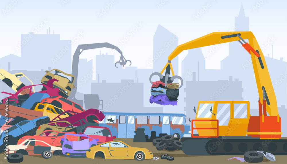 Junkyard with cars and metal scrap vector illustration. Cartoon city ...