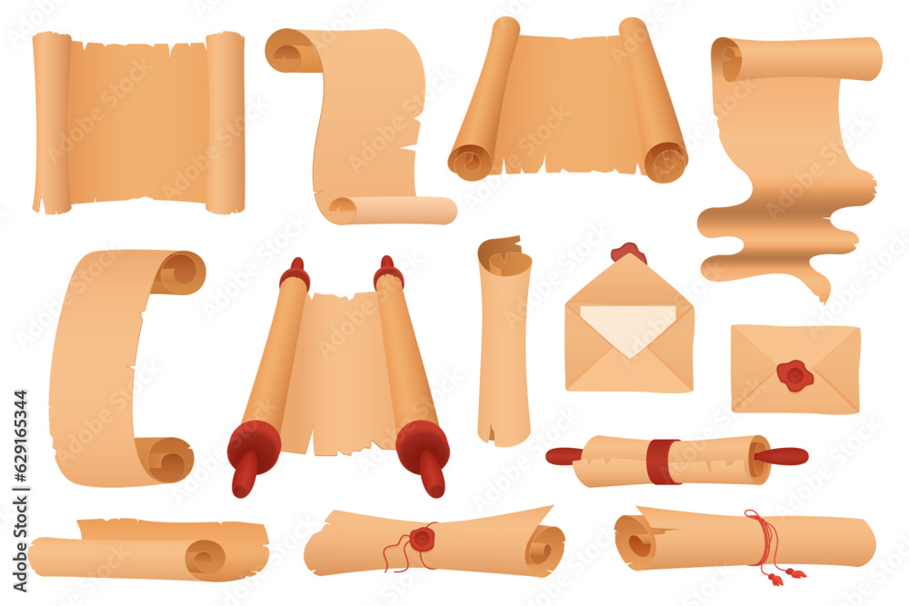 Old paper scrolls set vector illustration. 3D isolated blank parchment ...