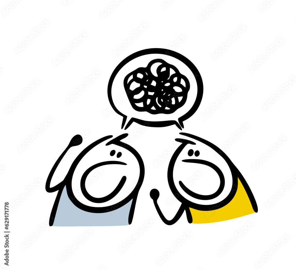 Two comics men hand drawn in doodle style are talking expressively ...