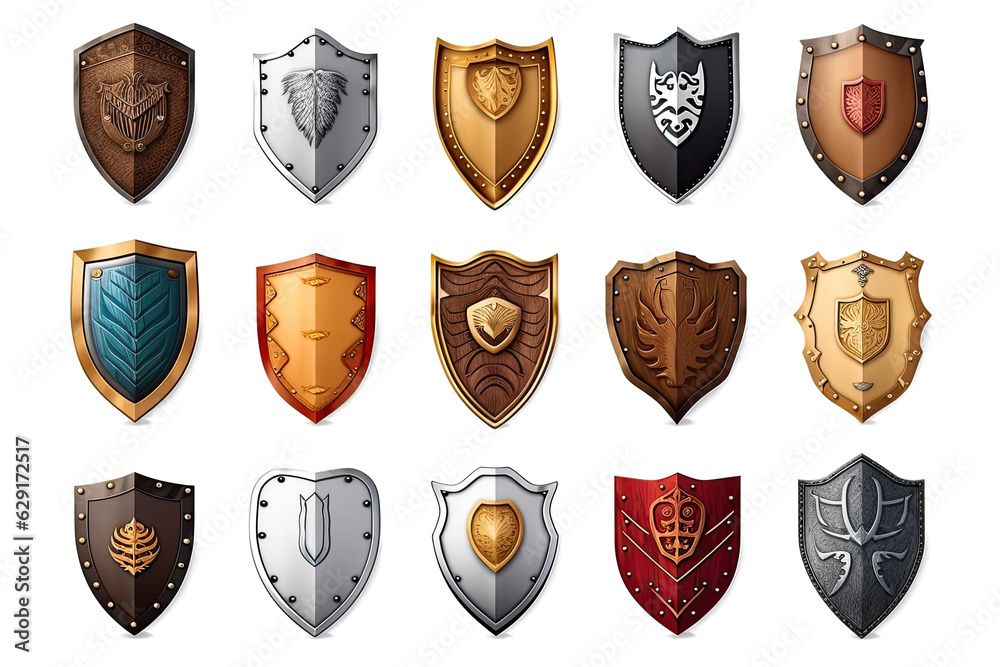 Different ancient shield types collection photo realistic isolated ...