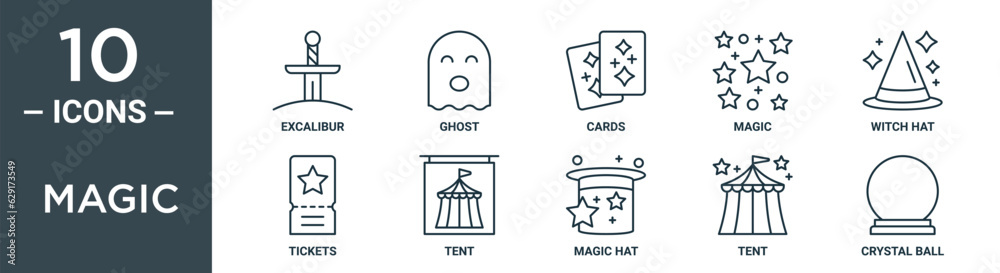 magic outline icon set includes thin line excalibur, ghost, cards ...