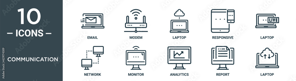 communication outline icon set includes thin line email, modem, laptop ...