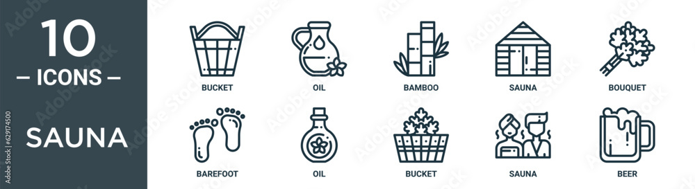 sauna outline icon set includes thin line bucket, oil, bamboo, sauna ...