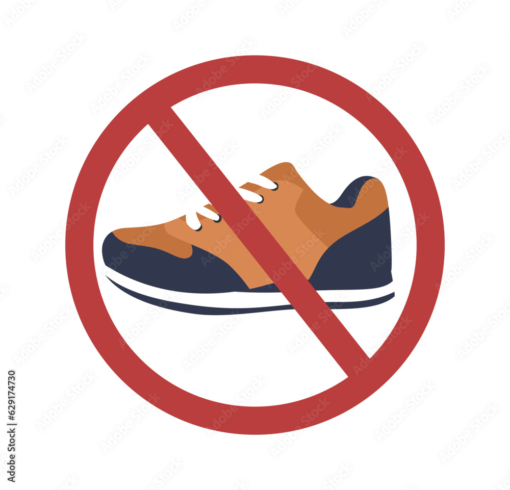 No outdoor shoes allowed. Sneakers in a red prohibition circle. Ban on ...