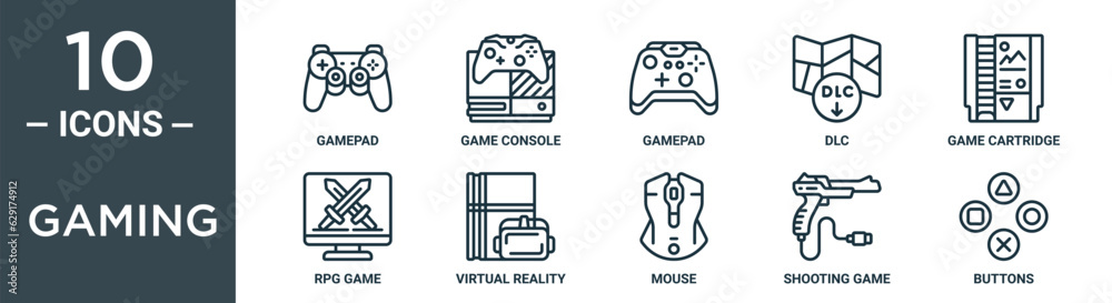 gaming outline icon set includes thin line gamepad, game console ...
