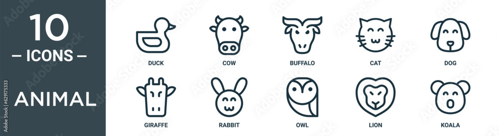 animal outline icon set includes thin line duck, cow, buffalo, cat, dog ...