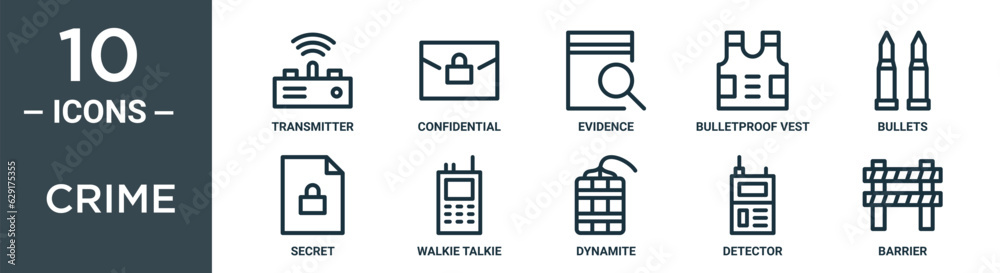 crime outline icon set includes thin line transmitter, confidential ...