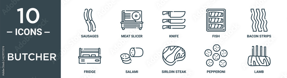 Grafika wektorowa Stock: butcher outline icon set includes thin line ...
