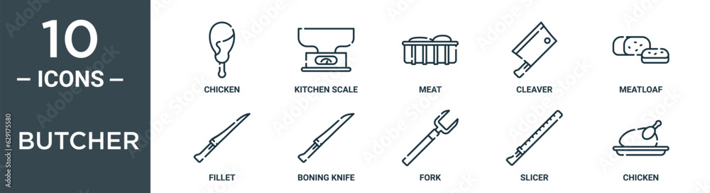 butcher outline icon set includes thin line chicken, kitchen scale ...