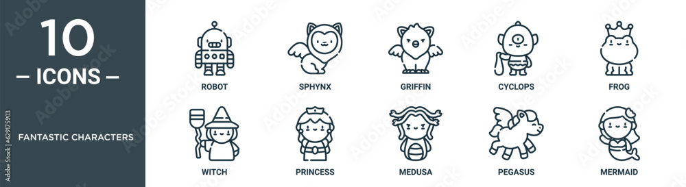 fantastic characters outline icon set includes thin line robot, sphynx ...
