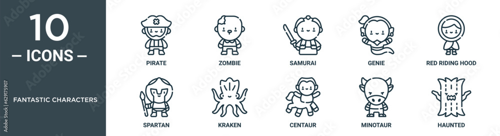 fantastic characters outline icon set includes thin line pirate, zombie ...