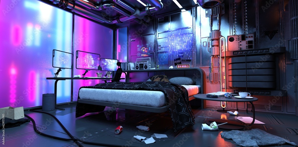 Cyberpunk urban future. Neon-lit room with advanced tech, holographic ...