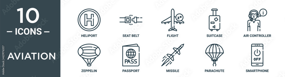 aviation outline icon set includes thin line heliport, seat belt ...