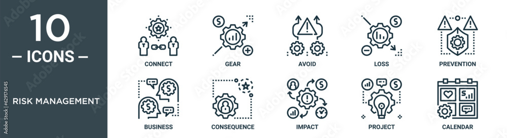 risk management outline icon set includes thin line connect, gear ...