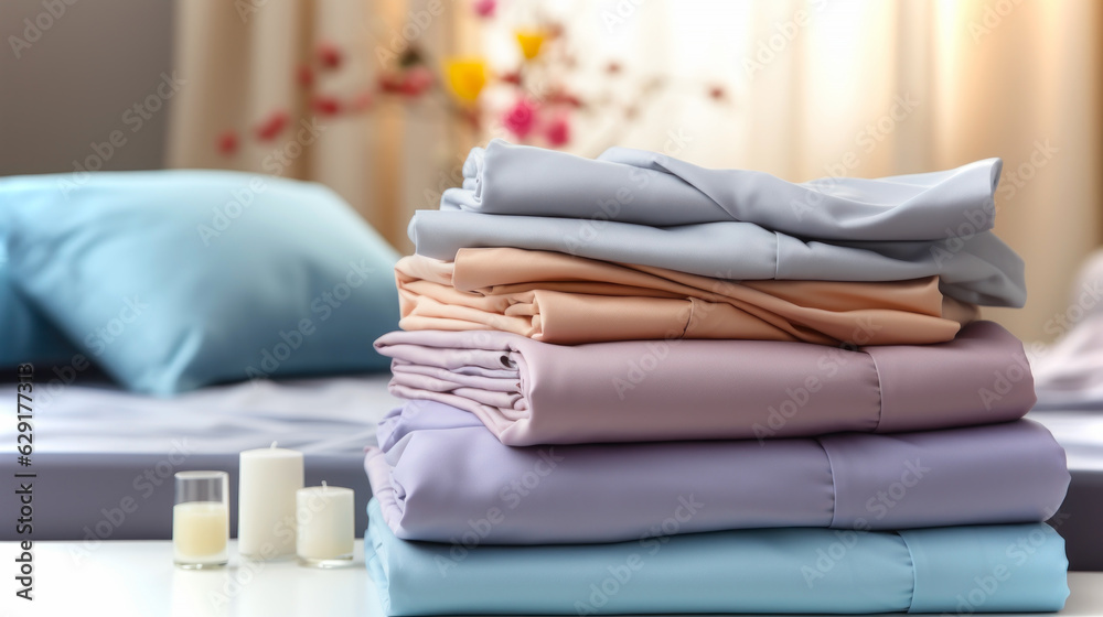 Stack of folded clean bed sheets laundry in modern home bedroom ...
