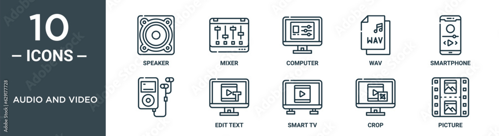 audio and video outline icon set includes thin line speaker, mixer ...