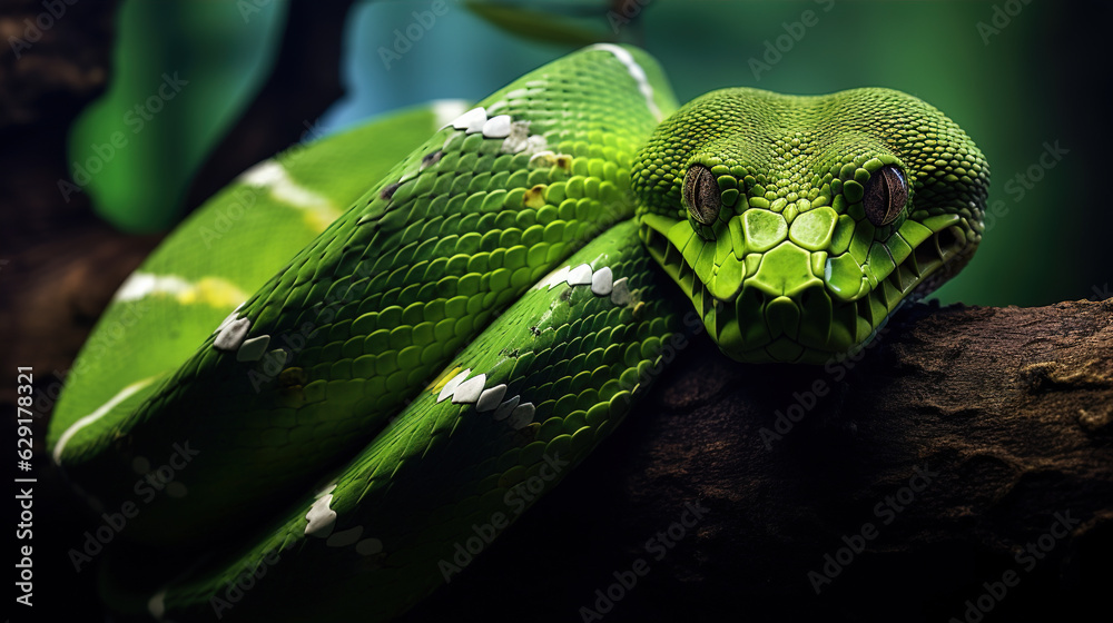Emerald Tree Boa Coiled on a Branch: Description: The image captures ...