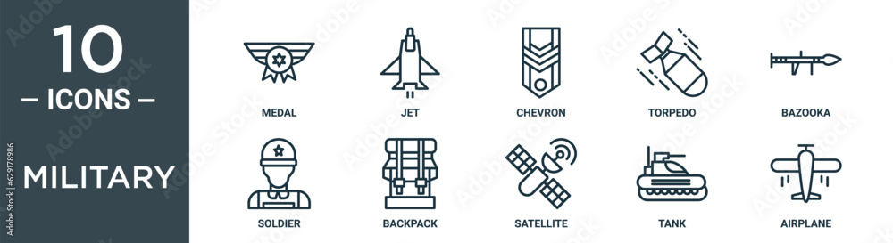 military outline icon set includes thin line medal, jet, chevron ...