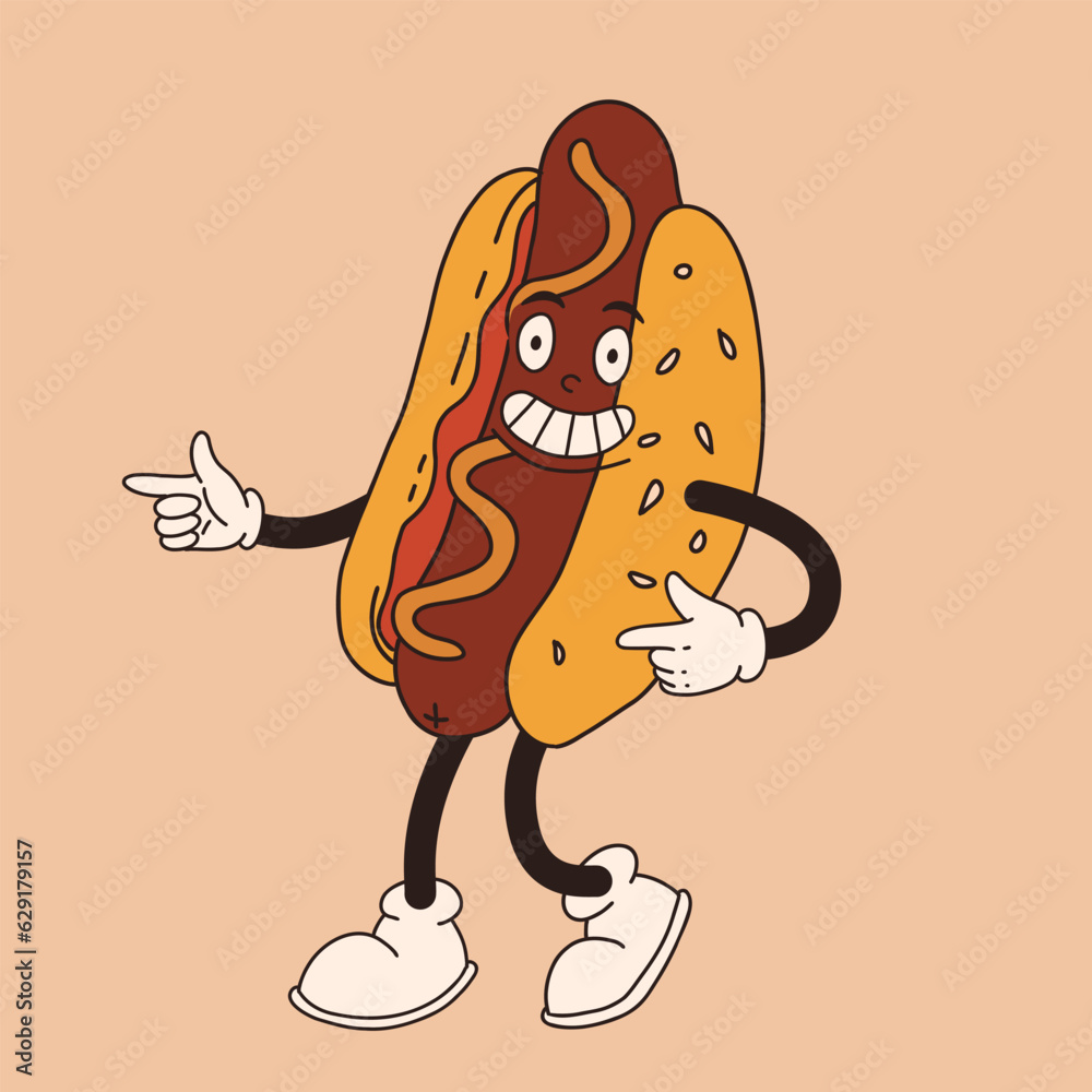 Vector cartoon retro mascot of hotdog. Vintage style 30s, 40s, 50s old ...