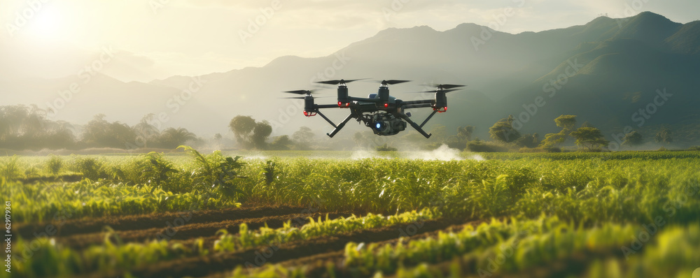 Agriculture drone fly to sprayed fertilizer on the green tea fields, Smart farm machine learning ...