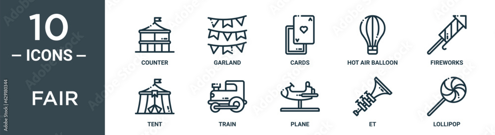 fair outline icon set includes thin line counter, garland, cards, hot ...