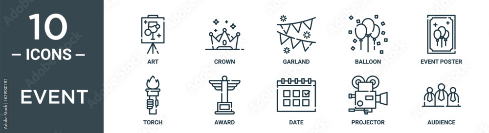 event outline icon set includes thin line art, crown, garland, balloon ...