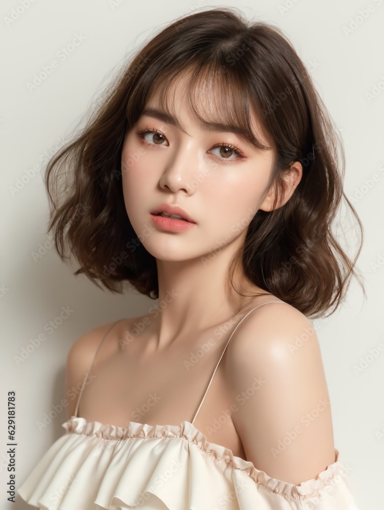 Portrait of beautiful Japanese women wearing coral off shoulder ruffle ...