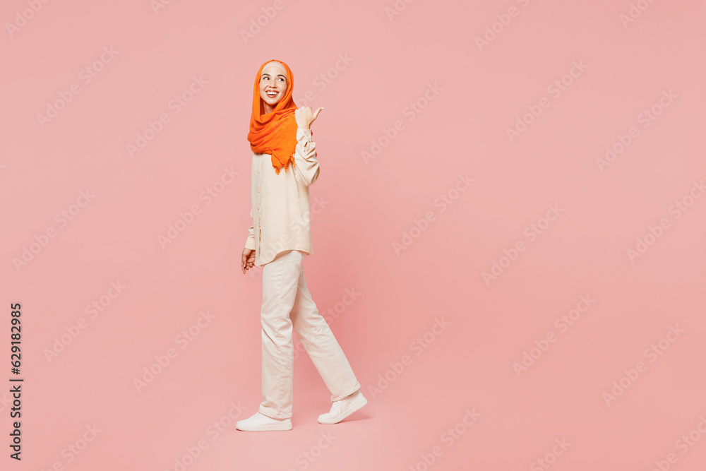Full body side profile view young arabian asian muslim woman wear ...