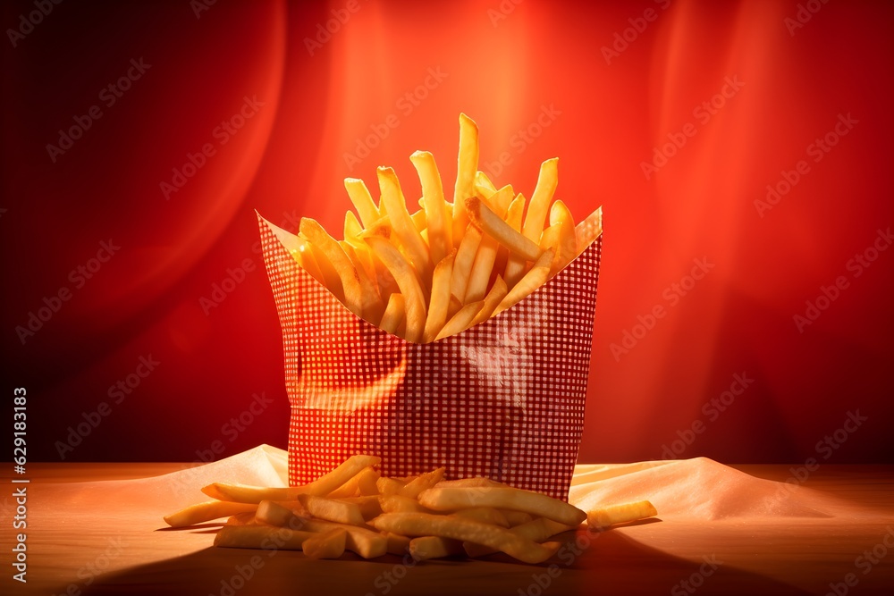 French fries in red paper bag on red background created with Generative ...