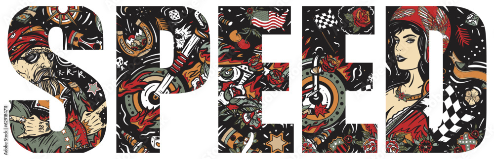 Speed slogan. Bearded biker man, burning motorcycle, rider sport woman ...