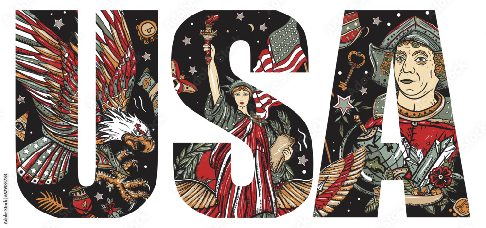 USA slogan. Statue of liberty, eagle, flag, map.Vector graphics retro ...