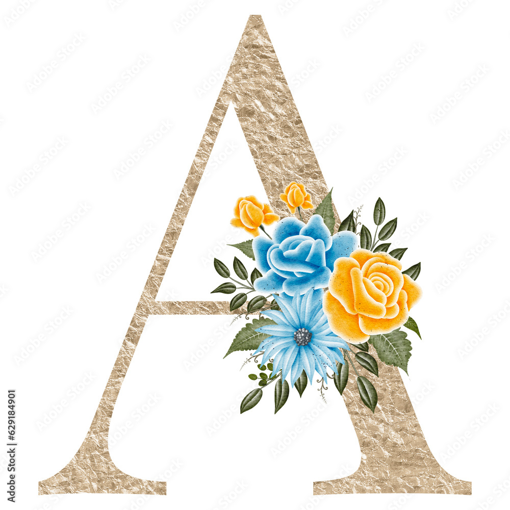 Floral alphabet, gold letter with watercolor flowers and leaf. Hand ...