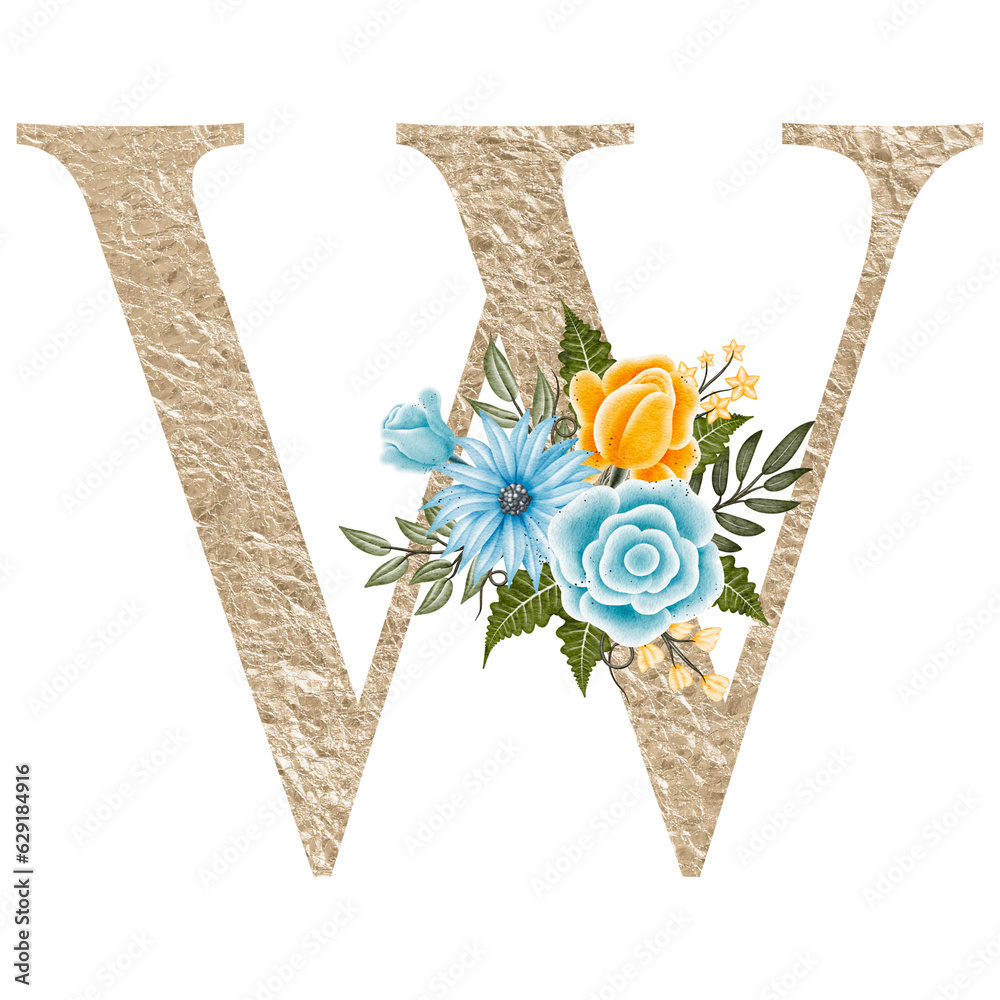 Floral alphabet, gold letter with watercolor flowers and leaf. Hand ...