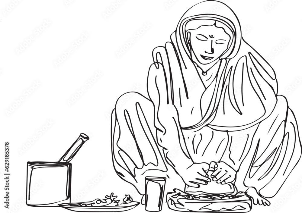 one line continuous sketch drawing cartoon illustration of indian women ...