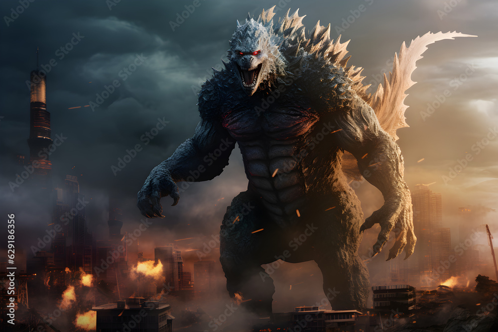 Ilustrace „Godzilla monster atop some city buildings, in style of ...