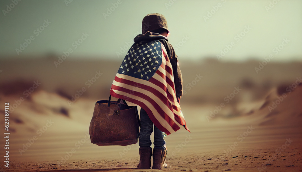 A poor child carrying a bag and hand holding USA flag, image ...