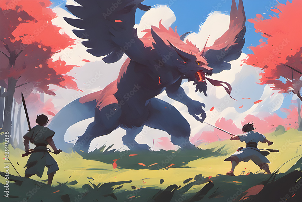 a battle scene between mythical creatures to represent an epic conflict ...