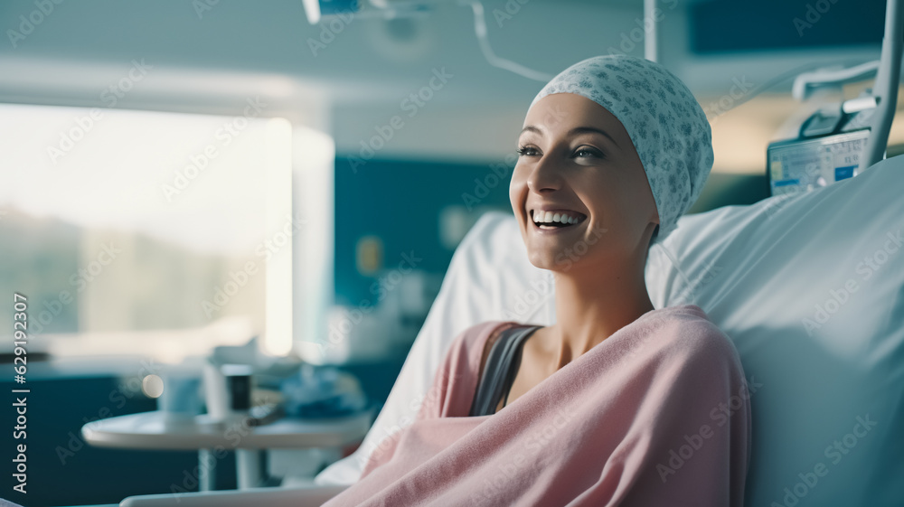 Woman cancer patient with a small smile lying in a hospital bed Stock ...