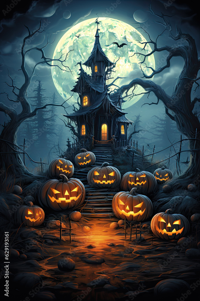 Halloween scene featuring stairs leading to a haunted house. Windows ...