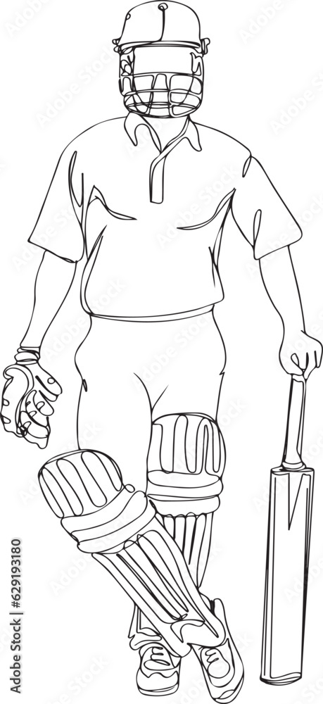 one line continuous sketch drawing cartoon illustration cricket batsman ...