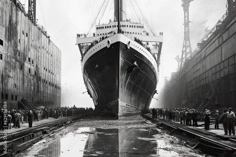 vintage photo of the Titanic in construction site, dry dock in 1910 ...