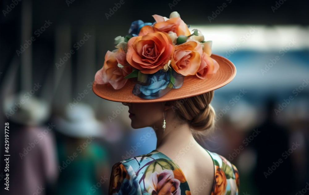 young woman in a beautiful hat on the hippodrome before the races. hat ...