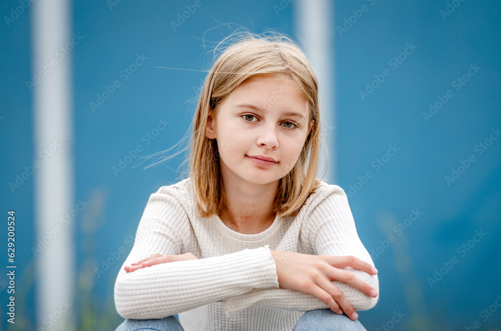 Cute preteen gitl with blond hair portrait. Pretty child kid model ...