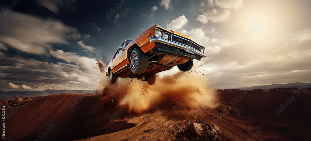 Seventies style car stunt or car jump. A normal sedan-type stock car ...