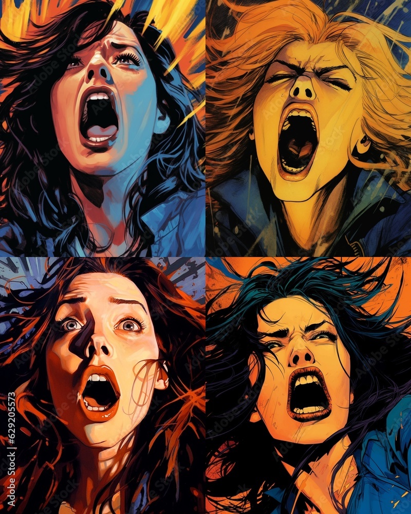 Her scream is loud and intense. The girl has a striking appearance with ...