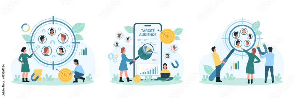Target audience research set vector illustration. Cartoon tiny people ...